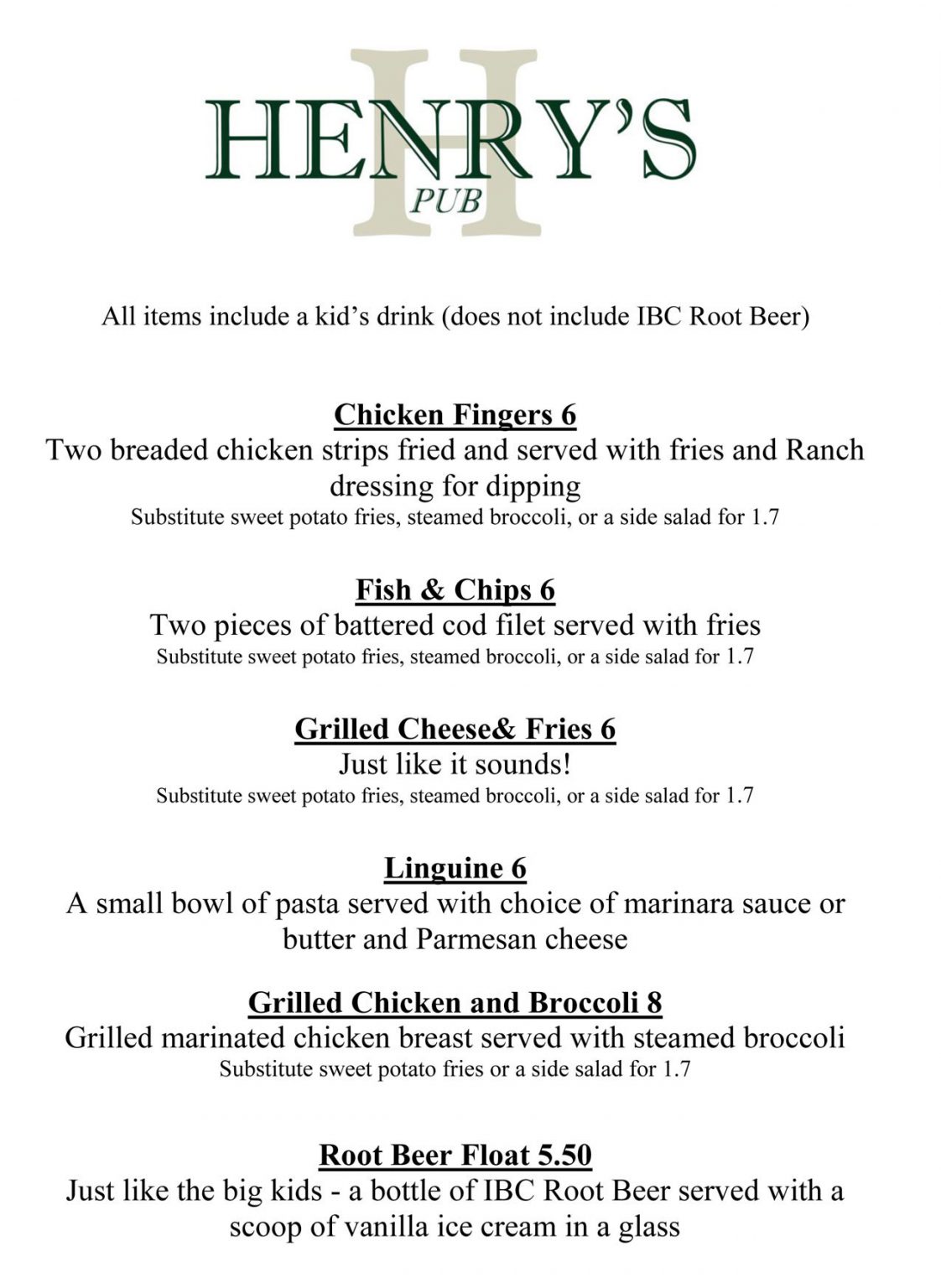 Kids Menu - Henry's Pub