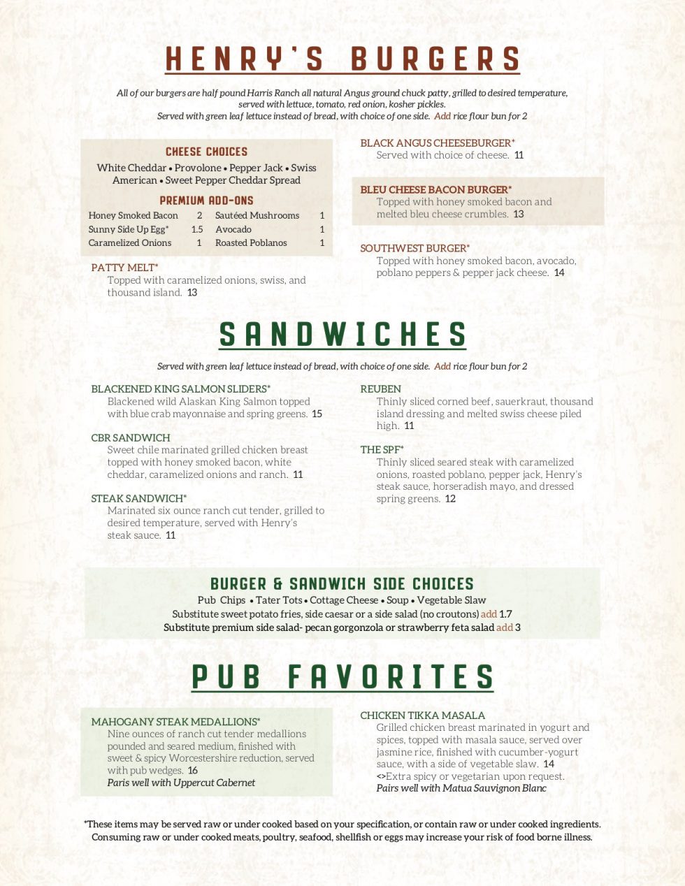 Gluten Free Menu - Henry's Pub