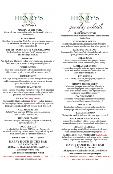 Food & Drink Menu - Henry's Pub