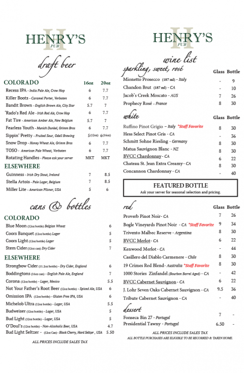 Food & Drink Menu - Henry's Pub