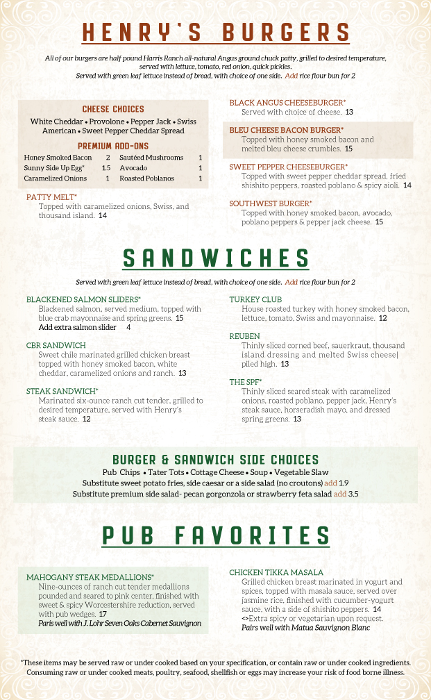 Gluten Free Menu - Henry's Pub
